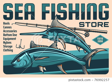 Fish, fisherman rod and hook poster, fishing sport - Stock Illustration ...