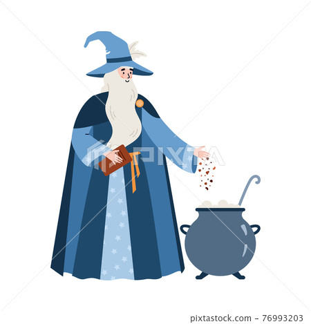 Medieval wizard brewing magic potion in pot,... - Stock Illustration ...