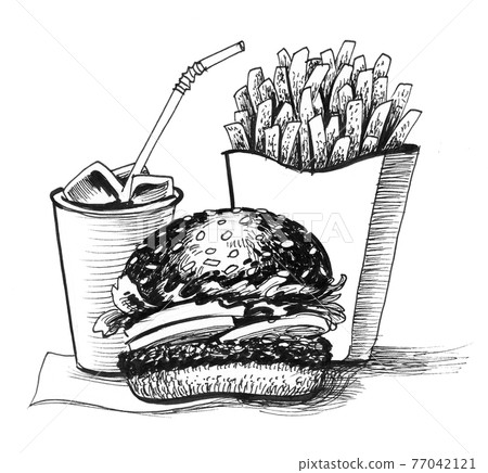 Fast food lunch. Ink drawing - Stock Illustration [77042121] - PIXTA