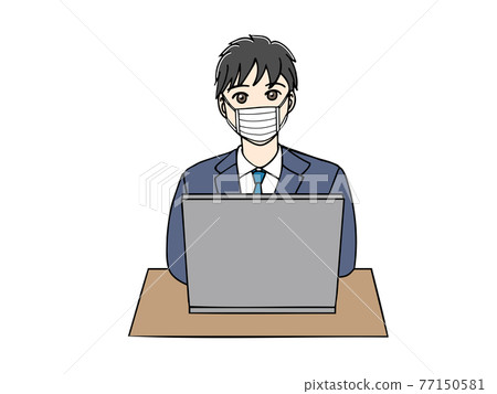 The front of a man facing a laptop in a masked... - Stock Illustration ...
