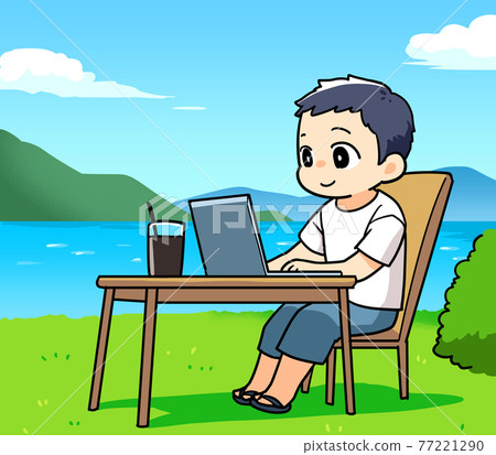 Illustration of a man doing worcation - Stock Illustration [77221290 ...