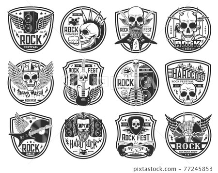 Heavy metal rock music engraved vector icons - Stock Illustration ...
