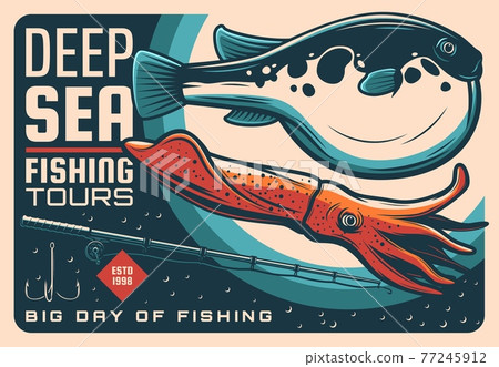 Fishing sport poster, fish, seafood, fisherman rod - Stock Illustration ...