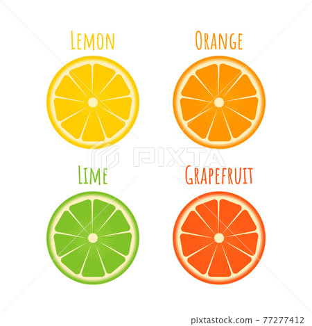Set of citrus icons in flat style. Slices of... - Stock Illustration ...