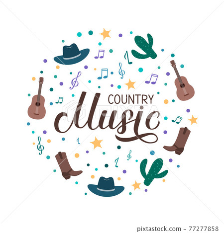 Country Music lettering with hat, cowboy boots,... - Stock Illustration ...