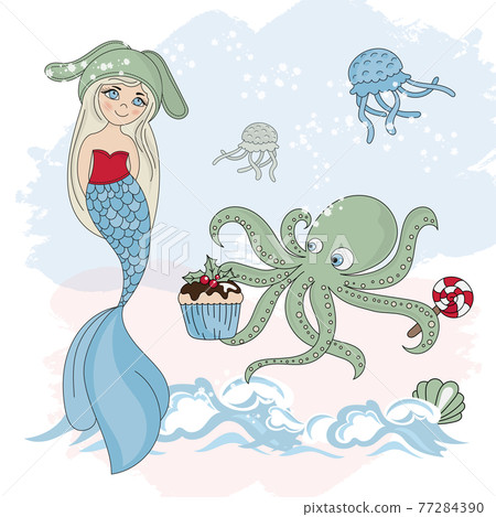 OCTOPUS REGALE MERMAID Sea Underwater Princess... - Stock Illustration ...