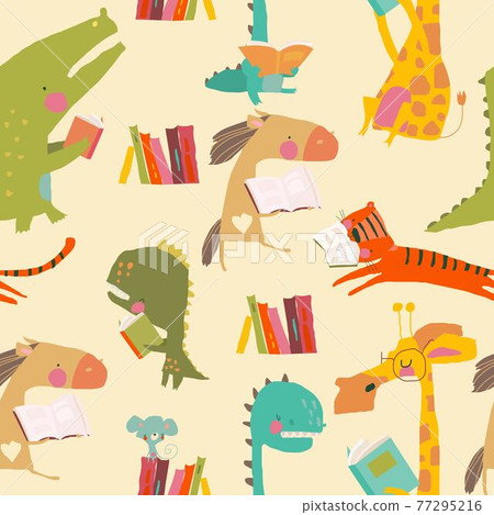 Seamless pattern of cute Animals reading books - Stock Illustration ...
