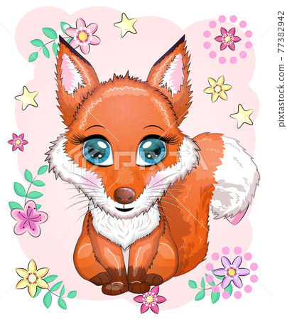 Cute Cartoon Fox with flowers on a white... - Stock Illustration ...