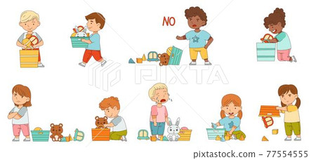 Happy and Grumpy Kids with Toys Playing and... - Stock Illustration ...