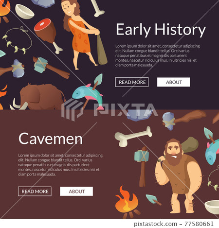 cavemen banners and poster stone age illustration - Stock Illustration ...