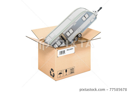 Camper trailer inside cardboard box, delivery... - Stock Illustration ...