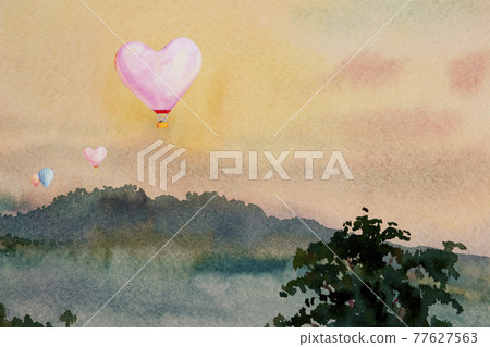 Watercolor painting pink heart, hot air balloon. - Stock Illustration ...