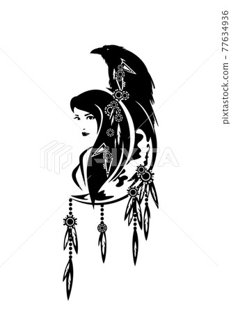shaman woman, raven bird and crescent moon... - Stock Illustration ...