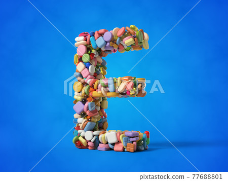different pills stack in shape of letter E. 3D... - Stock Illustration ...