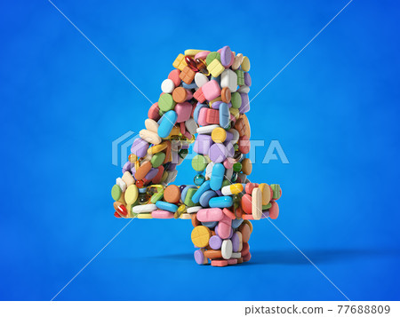 different pills stack in shape of number 4. 3D... - Stock Illustration ...