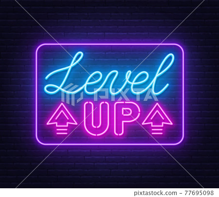 Level up neon sign on brick wall background. - Stock Illustration ...