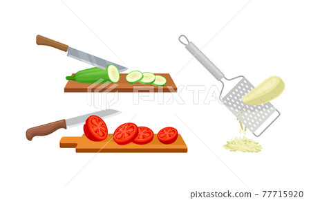 Grating and Chopping Vegetables on Wooden... - Stock Illustration ...