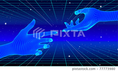 Hands touching in cyberpunk concept with 80s... - Stock Illustration ...
