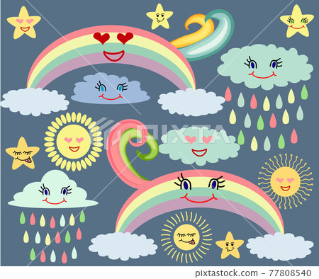 Emotional sun and clouds, stars, rainbow on... - Stock Illustration ...