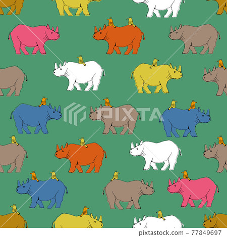 Rhino and bird patterns. Seamless pattern.... - Stock Illustration ...