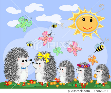 Lovely cartoon hedgehog near a seven-colored... - Stock Illustration ...