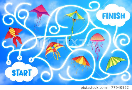 Kids labyrinth maze game with kites in blue sky - Stock Illustration ...