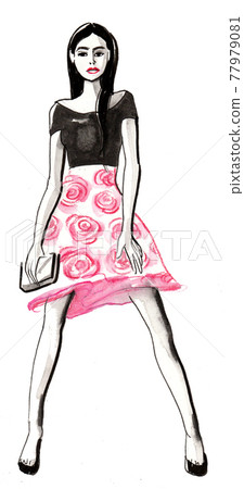 Pretty woman in black top and pink skirt. Ink... - Stock Illustration ...