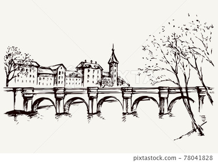 Cityscape with bridge over river. Vector drawing - Stock Illustration ...