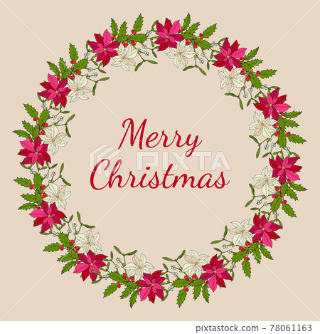 Christmas wreath with poinsettia flowers, holly... - Stock Illustration ...