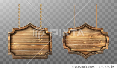 Wooden boards on ropes set. Realistic signboards - Stock Illustration ...