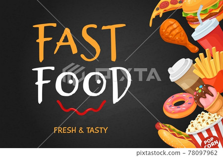 Fast food banner. Cartoon hot dog, popcorn and... - Stock Illustration ...