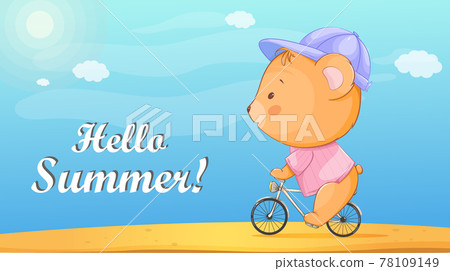 Hello summer. Cute little bear riding a bicycle - Stock Illustration ...