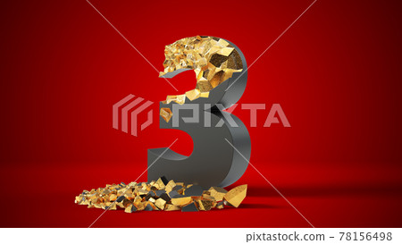 damaged black number 3 reveals gold inside. 3d... - Stock Illustration ...