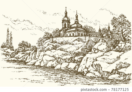 Monastery on the river. Vector drawing - Stock Illustration [78177125 ...