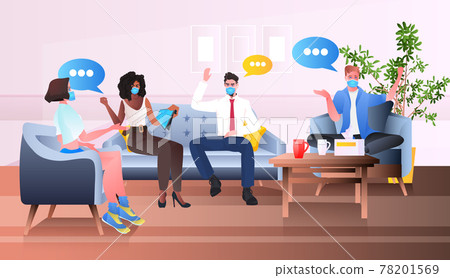 businesspeople team in masks discussing during... - Stock Illustration ...