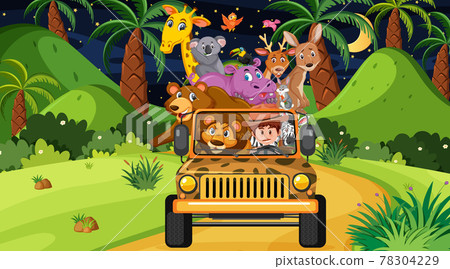Safari concept with wild animals in the jeep car - Stock Illustration ...