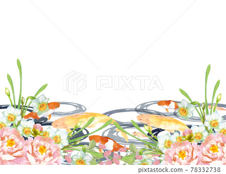 Early spring flowers and pond carp watercolor... - Stock Illustration ...