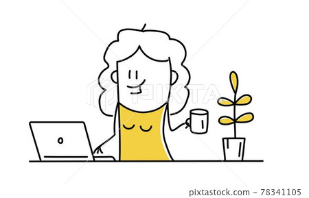 Stick woman sitting at a desk working online on... - Stock Illustration ...