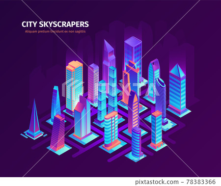 Neon City Skyscrapers Composition - Stock Illustration [78383366] - PIXTA