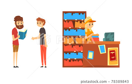 People Choosing and Bying Book in Bookstore... - Stock Illustration ...