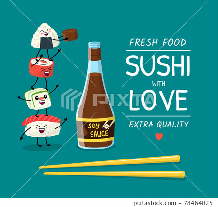 Cartoon Color Sushi Love Japanese Food Concept... - Stock Illustration ...