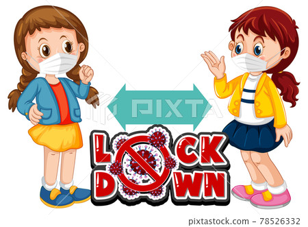 Lockdown font in cartoon style with two kids... - Stock Illustration ...
