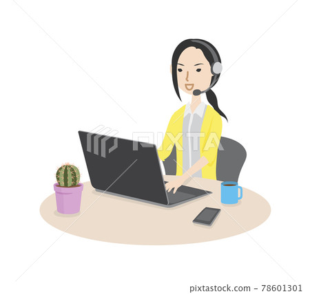 A woman working with a headset on telework - Stock Illustration ...