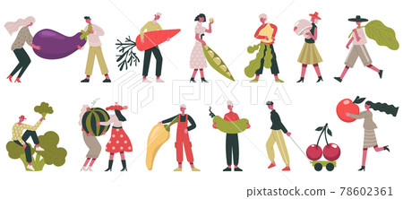 Vegetarian characters. People carrying raw... - Stock Illustration ...