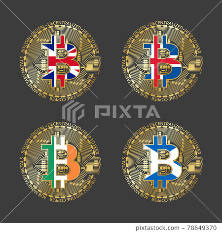 Four golden Bitcoin icons with flags of... - Stock Illustration ...