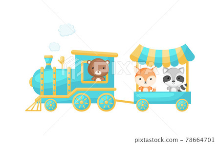 Cute cartoon turquoise train with bear driver... - Stock Illustration ...