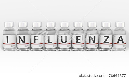 Letters on medicine vials compose INFLUENZA... - Stock Illustration ...