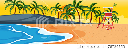 Beach horizontal scene at sunset time with many... - Stock Illustration ...
