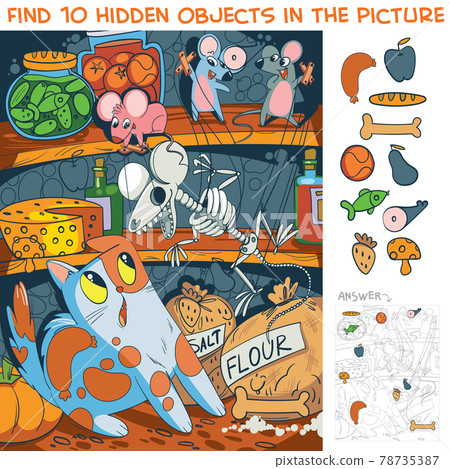 Mice scare cat. Find 10 hidden objects - Stock Illustration [78735387 ...