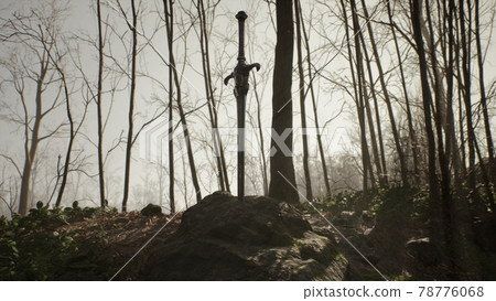 An ancient formidable sword stuck in an old... - Stock Illustration ...
